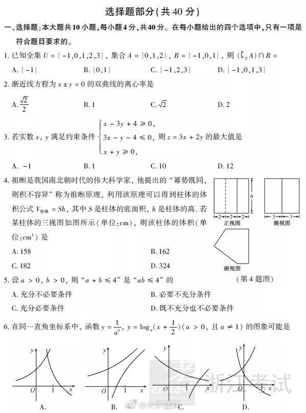 2019浙江高考试卷截图