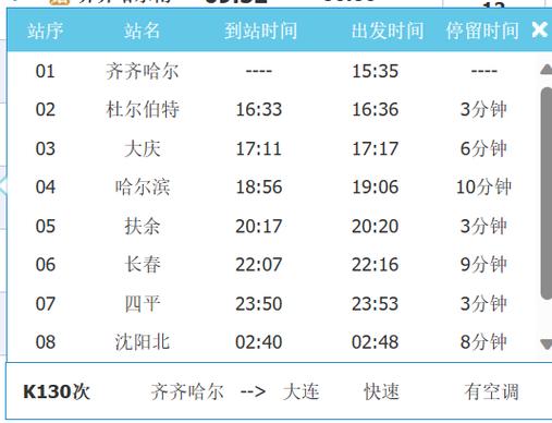 广州到齐齐哈尔火车时刻表截图
