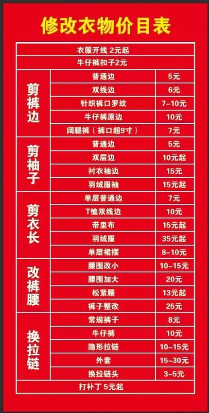 修衣服价格表图标