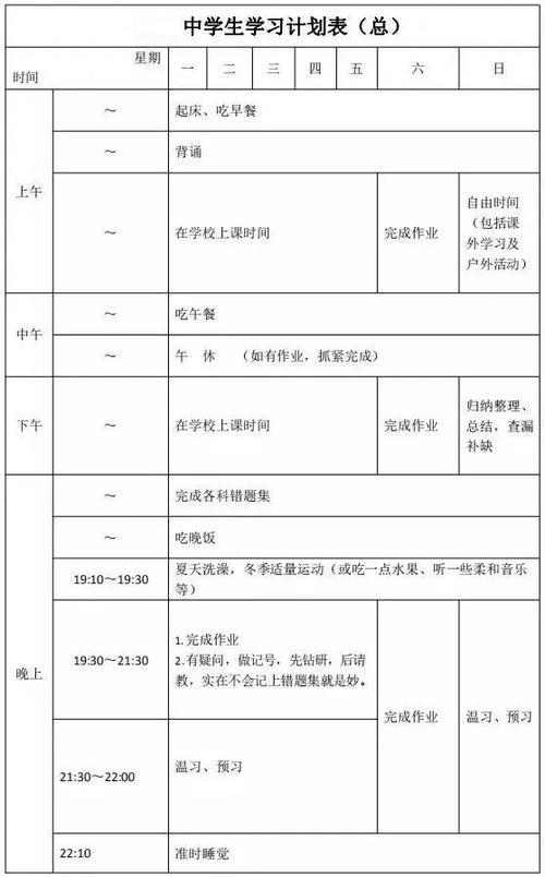 初中生学生计划