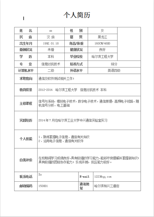 简历表格 个人简历免费