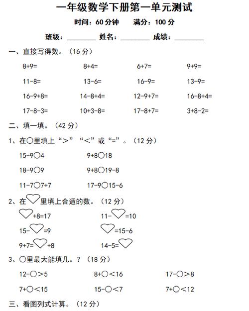 一年级下册数学测试卷可打印图标