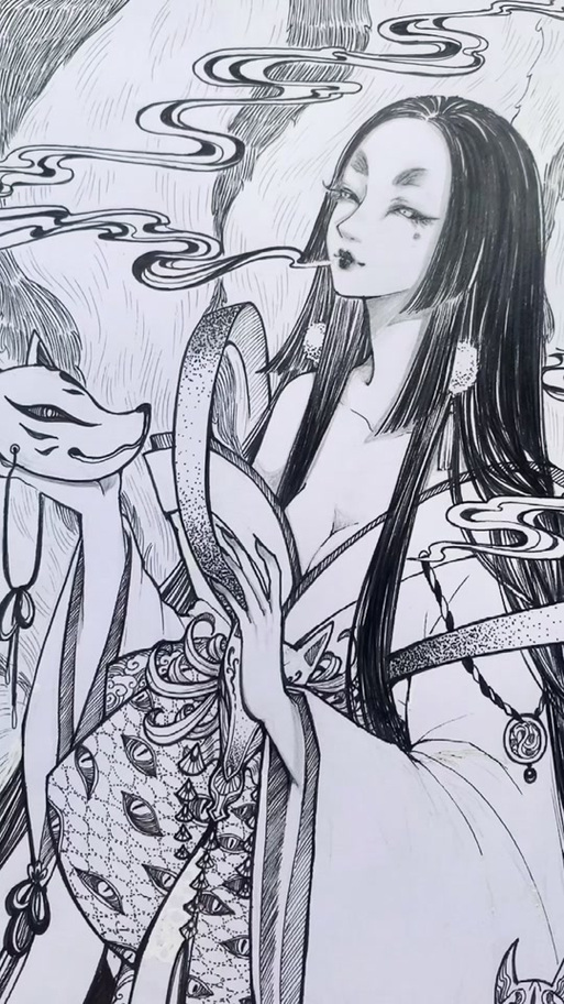 动漫女生周围环绕着蛇素描图标