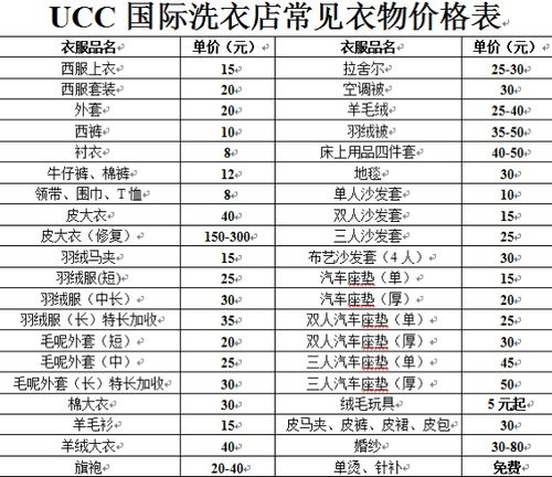 国际ucc干洗店价格表图标
