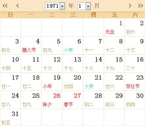 一九七五的全年日历表