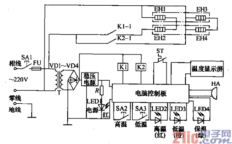 电烤火炉温控开关原理图标