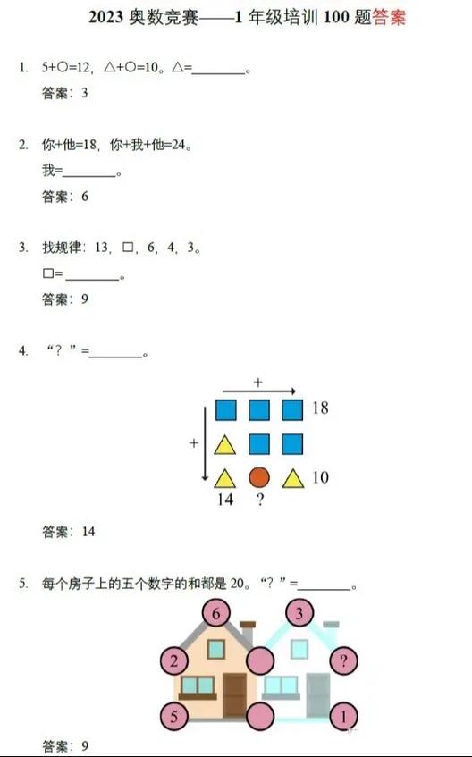 一年级奥数必考50道题图标