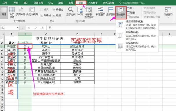 冻结选定区域的方法图标