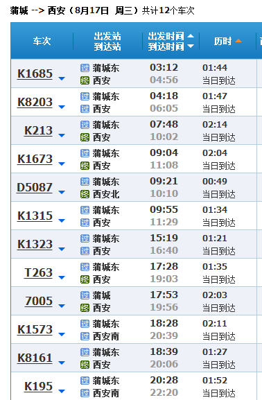 西安到蒲城火车时刻表今天截图