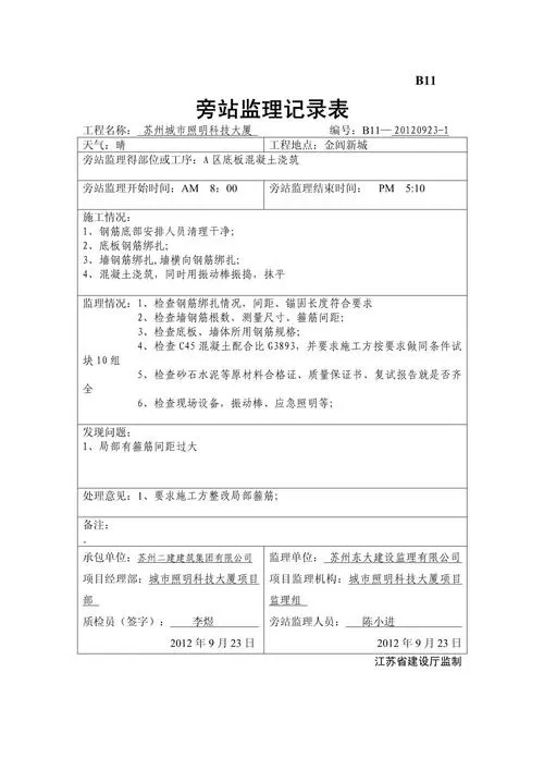 砼浇筑旁站记录范本