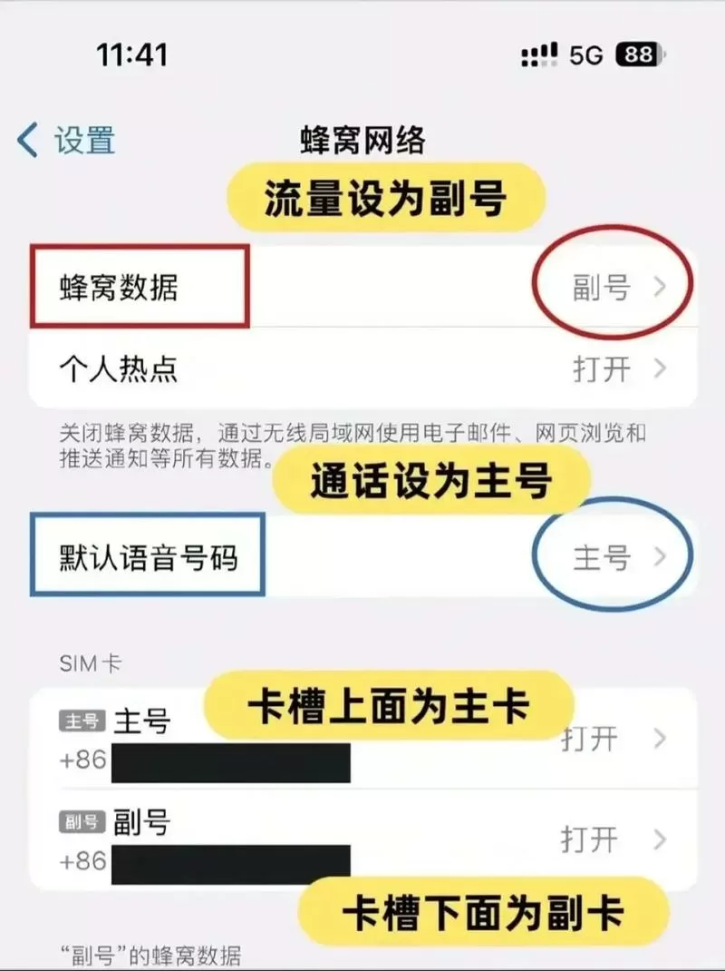 苹果手机两个卡如何设置拨号主号图标