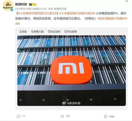 小米市值重回万亿港元