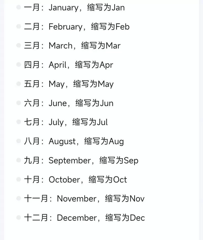 1-12月英文单词